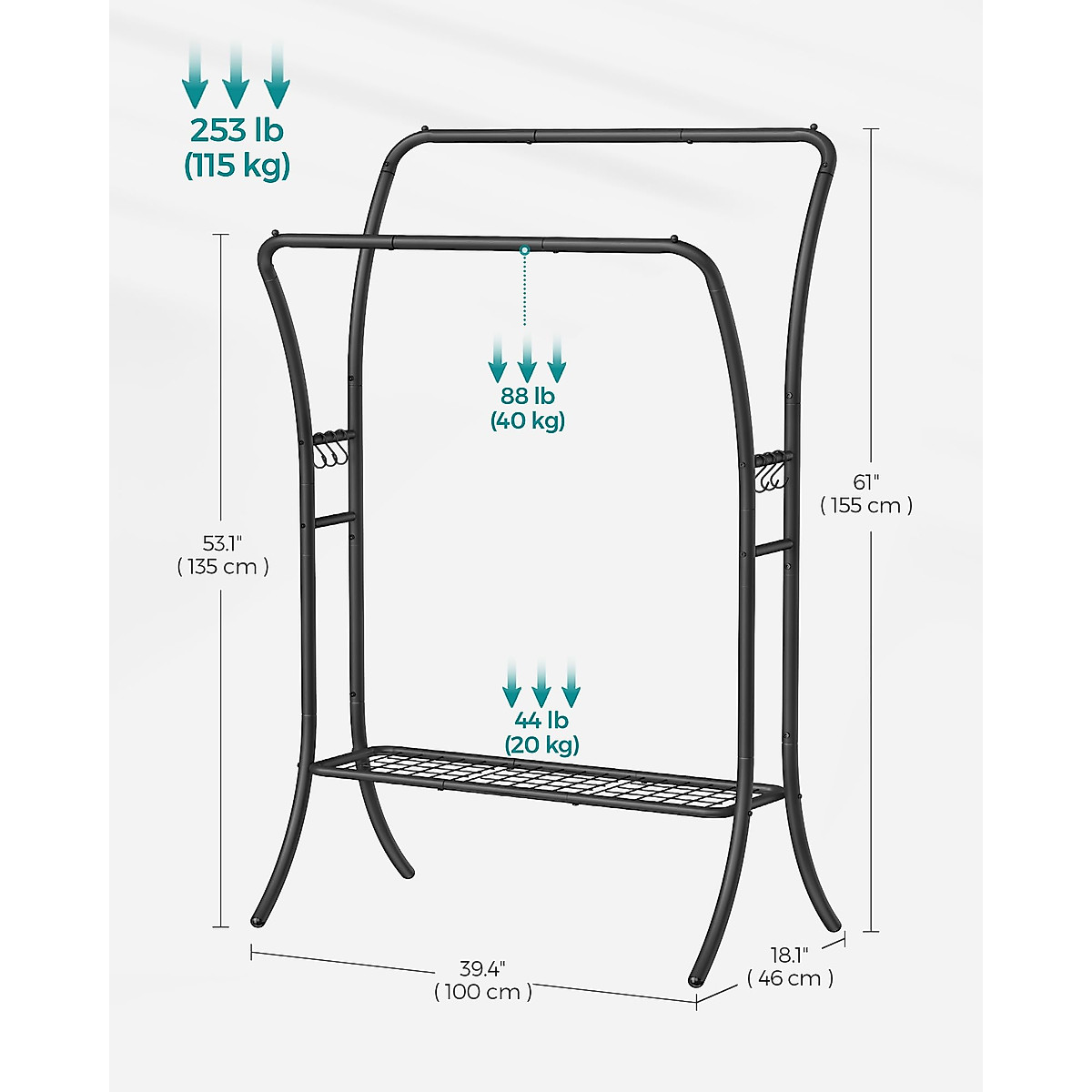 SONGMICS Clothes Rack, Clothing Rack with Shelves, Garment Racks Heavy Duty, Double Rod Clothes Rack with 6 Hooks, Clothes Storage and Display, for Living Room, Bedroom, Ink Black UHSR109B01