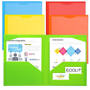 EOOUT 5pcs Plastic Folders with Clear Front Pocket, Heavy Duty Folders with 4 Pockets for Office and School, Letter Size, 5 Assorted Colors
