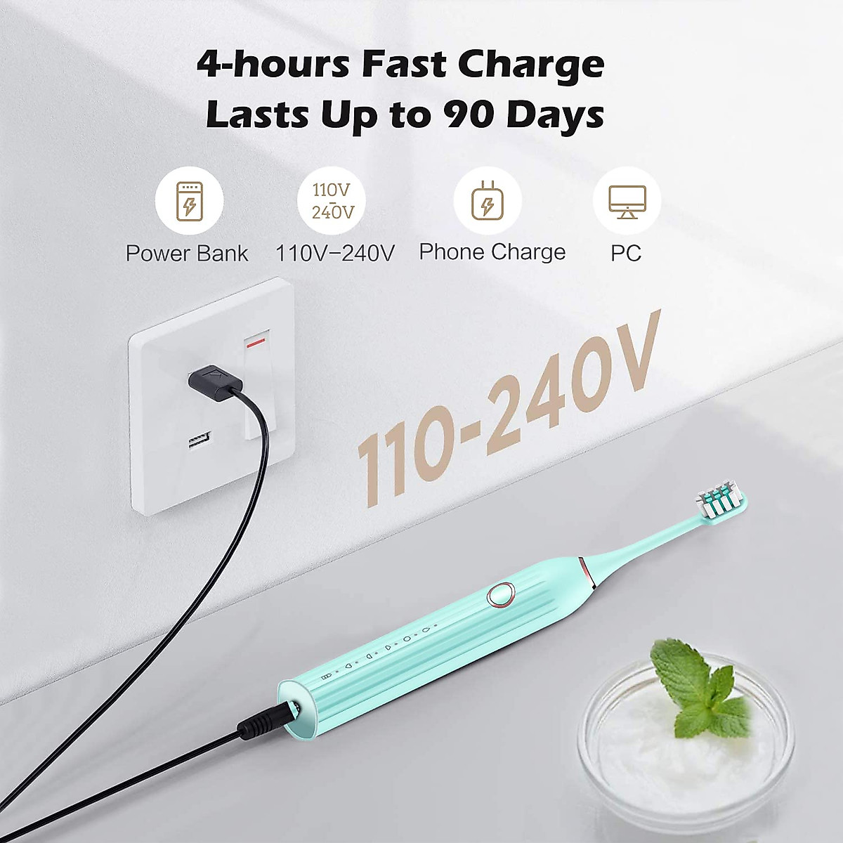 BeastRose Ultrasonic Electric Toothbrushes 5 Modes 5 Brush Heads USB Fast Charge Powered Toothbrush for Adults & Kids (Green)