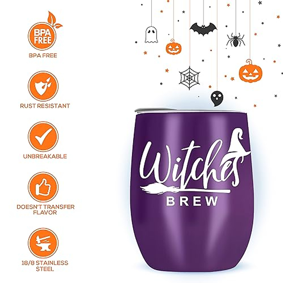 Halloween Tumbler with Lid and Straw – 12oz Witches Brew Wine Tumbler – Insulated Stainless Steel Tumbler for Hot and Cold Drinks – Halloween Coffee Tumbler Gifts (Purple Witches Brew)