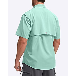 Pudolla Men's Fishing Shirts Short Sleeve Travel Work Shirts Summer Button Down Shirts for Men UPF50+ with Zipper Pockets(Arona, Large)