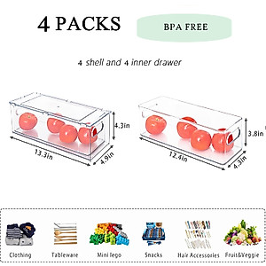 YouLike 2pack Clear Pull-Out Bin Stackable Refrigerator Organizer Drawer Plastic Cabinets Pantry Storage Containers for Bedrooms Home Office Closet & Shoe Organization(13.5”x8.5”x4.5”)