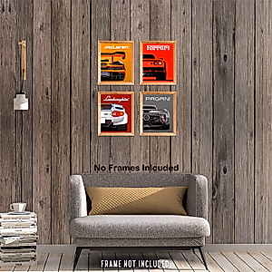 Modern Car Posters Classic Supercar Wall Art Prints, Cool Racing Ferrari Lamborghini McLaren Pagani Canvas Posters for Man Cave Boys Room Wall Decor, Sports Car Art Prints, Set of 4 (8"x10" Unframed)