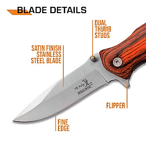 Elk Ridge - Outdoors Spring Assisted Folding Knife - 4.5-in Closed, 3.5-in Satin Finish Stainless Steel Blade, Brown Wood Handle, Pocket Clip, Hunting, Camping, Survival, EDC - ER-A160SW