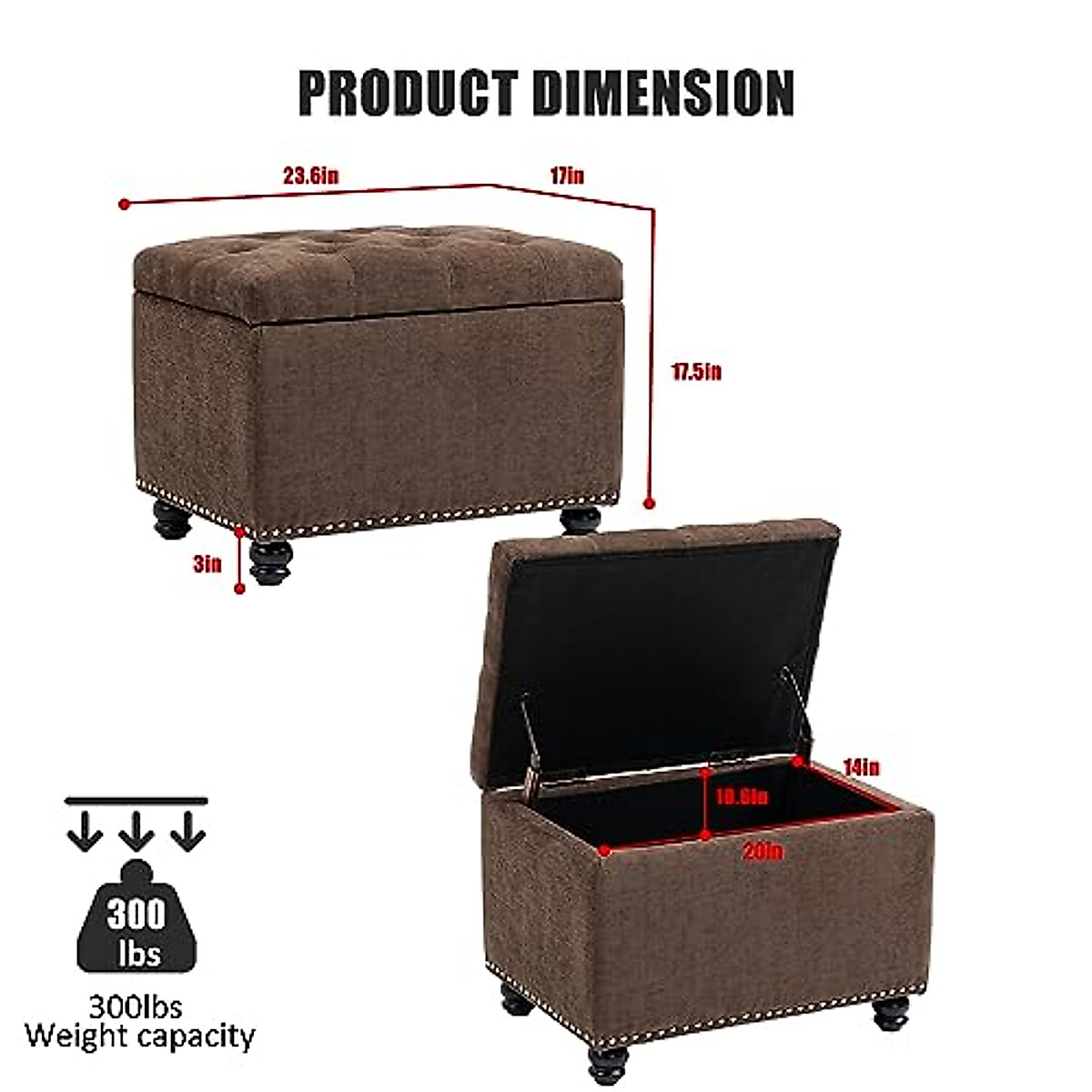 J.C.UP Upholstered Tufted Storage Ottoman, Storage Ottoman Footstool with Safety Hinge Button-Tufted Seat, Storage Bench for Bedroom Living Room Storage Toy Box(Brown-Fabric)