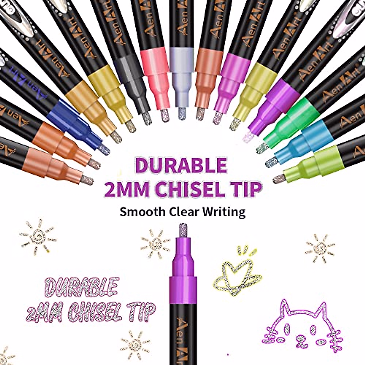 Aen Art Double Line Outline Pens, 26 Colors Shimmer Outline Marker Set, Self-Outline Metallic Markers. Perfect for Doodling, Drawing and Calligraphy