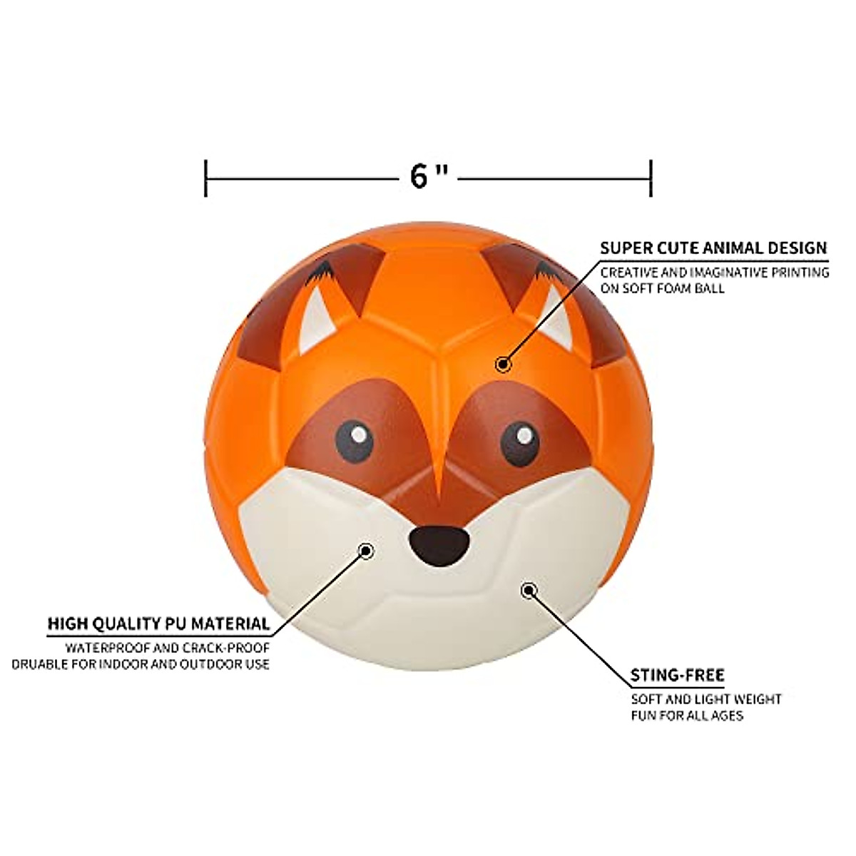 BORPEIN Pro Mini Soccer Ball,6 Inch Animal Style Foam Ball for Kids, Soft,Environmental Protection Material (Fox)