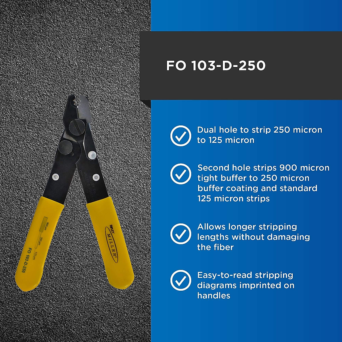 Miller FO 103-D Series Dual Hole Fiber Optic Stripper for Working Technicians, Electricians, and Installers, V-Shaped Opening, Safe Cable Tool, Easily Portable Wire Stripper, 2.72 Ounces