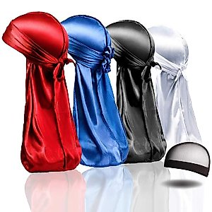 4PCS Silky Satin Durags for Men Women Waves, with 1 Wave Cap, Extra Long Tails (Red, Blue, Black, White)