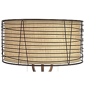 Franklin Iron Works Marlowe Industrial Rustic Farmhouse Lamp Floor Standing 60 1/2" Tall Bronze Woven Iron Metal Burlap Fabric Double Drum Shade for Living Room Reading Bedroom Office House Home