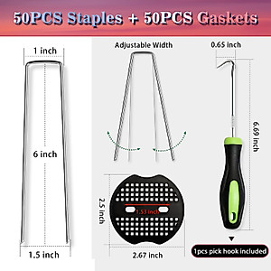 Gtongoko Landscape Staples 50Pcs Garden Stakes + 50Pcs Gaskets + 1 Pick Up Hook Upgraded 6 Inch 11 Gauge Tent Stakes Galvanized Yard Stakes for Weed Barrier SOD Fabric Plant Cover Stakes Outdoor Décor