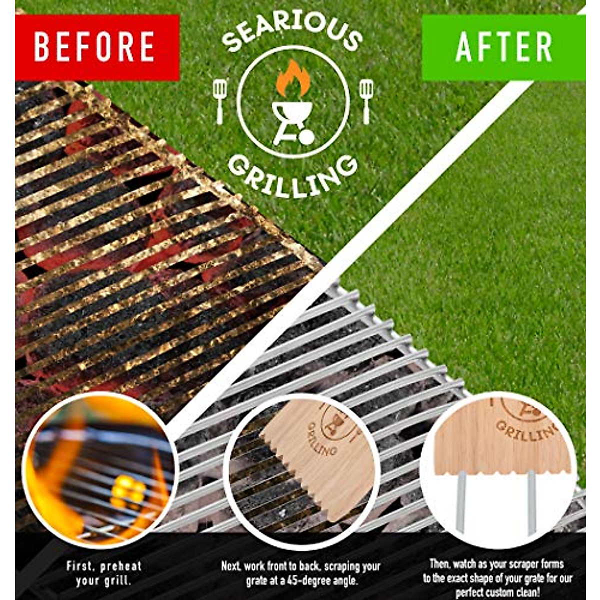 Searious Grilling Wood Grill Scraper Tool with Bottle Opener – Safe & Eco-Friendly BBQ Grill BrushAlternative – Grill Grate Cleaner,Wooden Tongs & Storage Bag Set