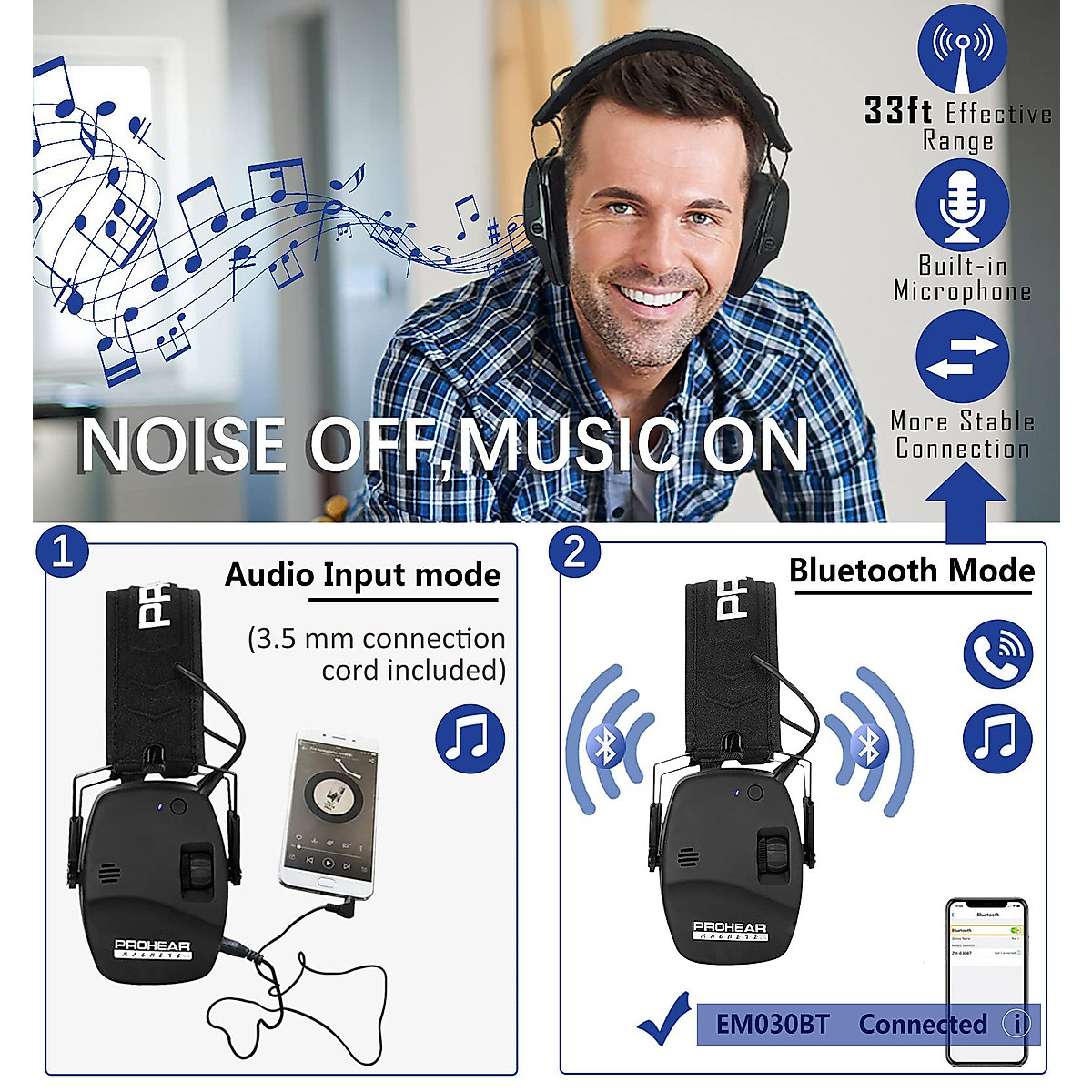 PROHEAR 016 & 030 Passive and Electronic with Bluetooth Shooting Ear Protection Safety Earmuffs, Slim Hearing Protector with Low-Profile