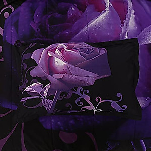 Purple Comforter Set Full Reversible Purple Rose Pattern Printed Bedding Down Comforter with 2 Pillow Cases for All Seasons, Soft Microfiber Bedding Comforter Duvet Set for Full Bed 80"x90"