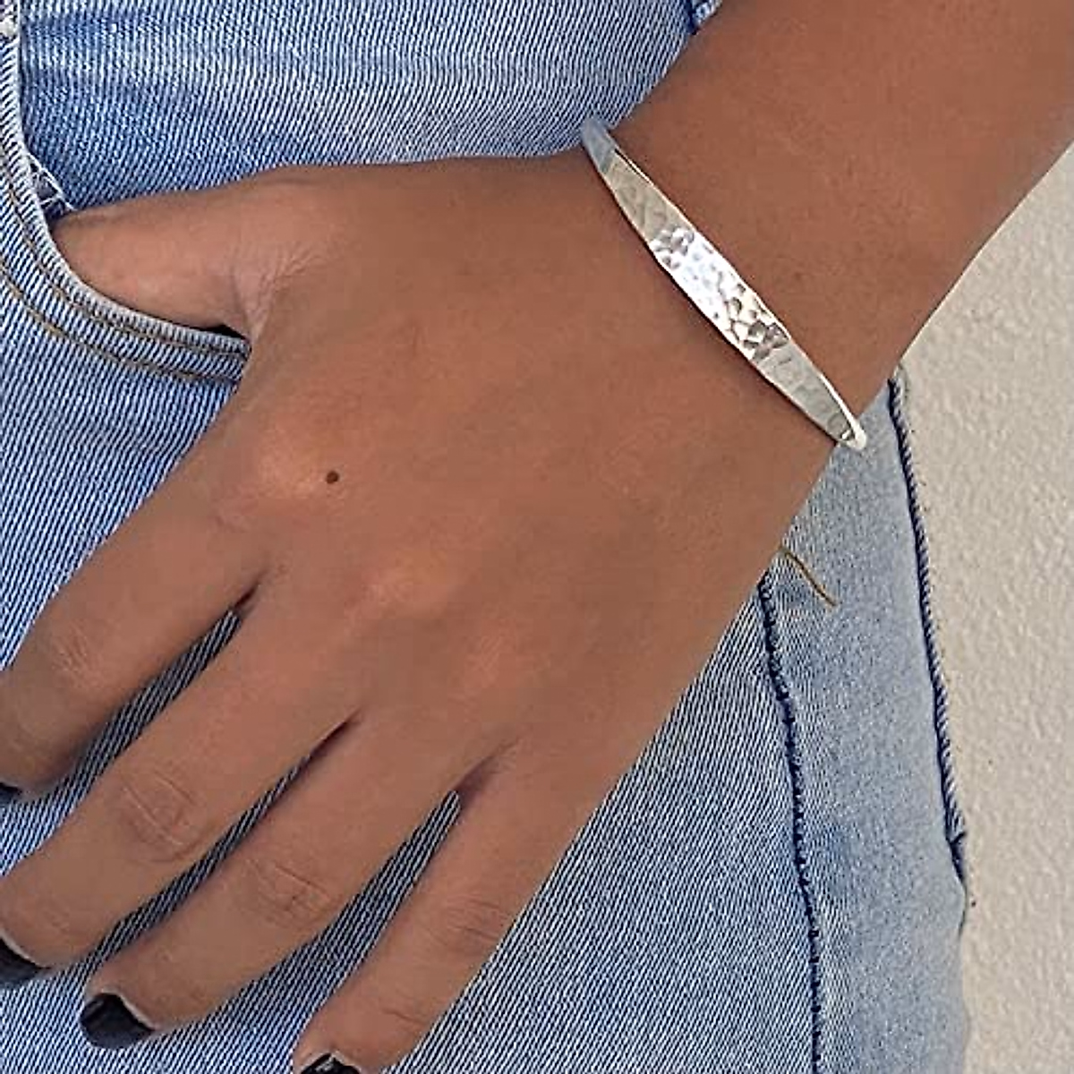 Hammered Sterling Silver Handmade Cuff Bracelet, Minimalist Simple Shiny Silver 1/4 inch Wide, 6 1/2 long, Thick and Solid, Gift for Her