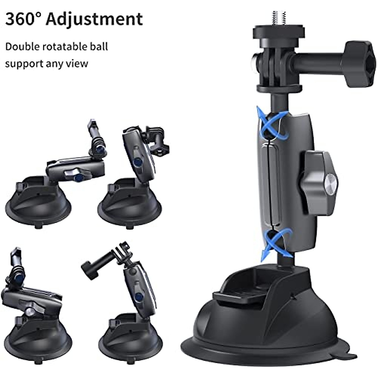 REYGEAK Suction Cup Car Mount with Phone Holder with 1/4 Thread, Windshield Dashboard Vehicle Attach for GoPro Max Mini Hero 11 10 9 8 7 6 Insta360 DJI Action AKASO Accessories(Aluminum Alloy)
