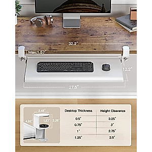 HUANUO Keyboard Tray Under Desk, Ergonomic Large Keyboard Tray with C Clamp, Updated Metal Slide Rail Keyboard Tray Mouse Tray, Pull Out Platform Computer Drawer for Typing, 27.5" W x 12.2" D, White
