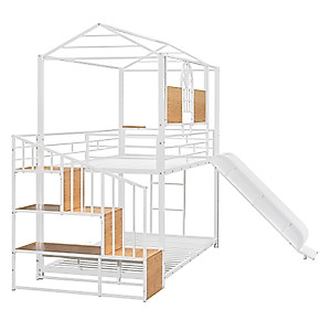 BOVZA House Bunk Bed with Slide and Stairs, Twin Over Twin Metal Bunk Beds Frame with Roof and Storage Staircase for Kids Boys Girls Teens, White