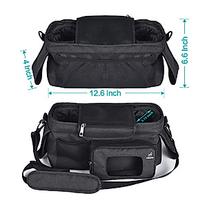 Hakofrik Universal Baby Stroller Organizer, Stroller Caddy with 2 Insulated Cup Holders Fits Almost All Stroller and Pushchair. Easy Access Wipe Holder, Free Shoulder Strap with Soft Cushion.