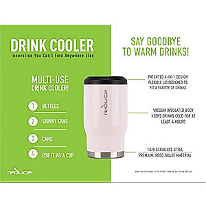 Reduce Can Cooler - 4-in-1 Stainless Steel Can Holder and Beer Bottle Holder, 4 Hours Cold - 14 oz Multi-Use Drink Cup that Holds Slim Cans, Regular Cans, Bottles and Cocktails - Pink Cotton, Gloss