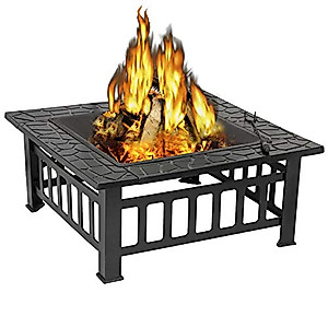 Nouva 32'' Outdoor Firepit Square Fire Pit Table with Waterproof Cover Wood Burning for Outside Backyard,Garden, Patio, Terrace,Camping,Barbecue