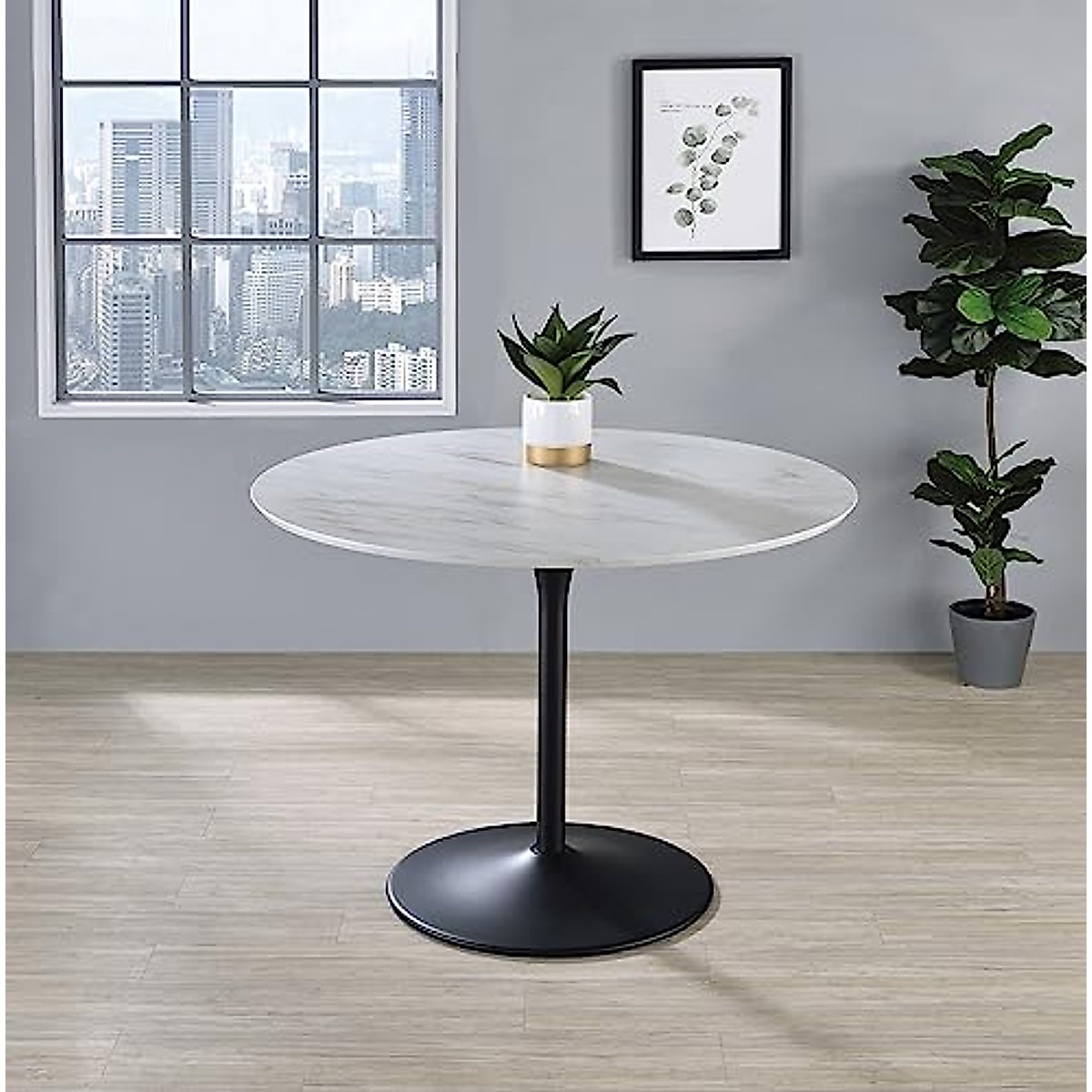 OSP Home Furnishings Flower Mid-Century Modern Dining Table, White Faux Marble Top with Black Base