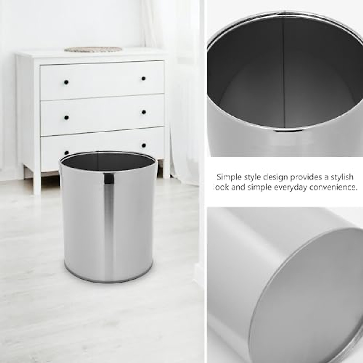 Kichvoe Stainless Steel Round Trash Can Metal Waste Basket Garbage Container Bin Recycle Trash Can Rubbish Bucket Laundry Hamper with Ring for Bathroom Kitchen Office