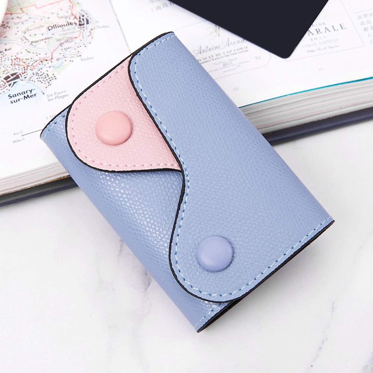 Ymiko Anti-Theft Card Bag Mini Credit Card Holder Portable Wallet Cartoon Cute Pattern PU Leather Change Pocket Purse for Women Men (Light Blue)