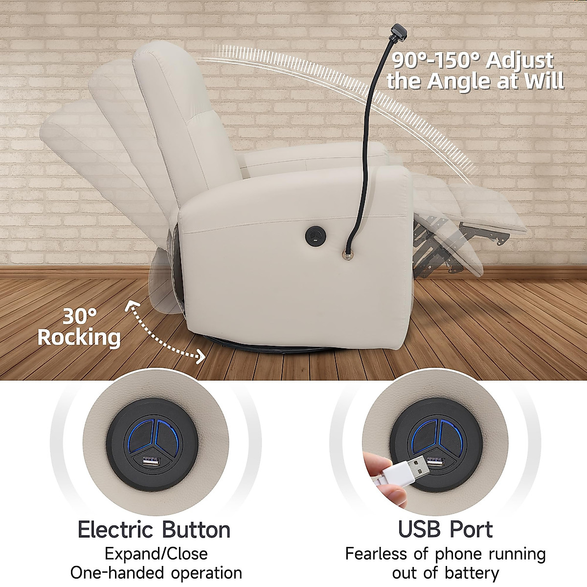 hzlagm Power Swivel Glider Chair Nursery, Swivel Rocker Recliner with USB Ports, Rocking Chair with Microfiber Leather, Waterproof, Living Room, Nursery - Beige