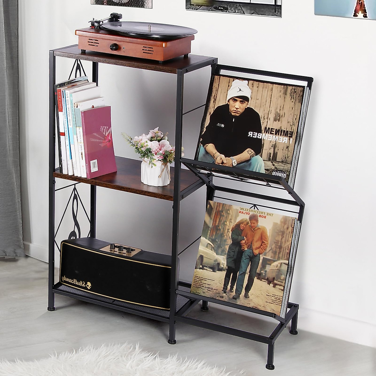 Record Player Stand, Record Player Table with Vinyl Record Storage, Turntable Stand with 2-Tier Vinyl Display Shelf & Metal Frame, Vinyl Record Holder for Living Room, Rustic Brown