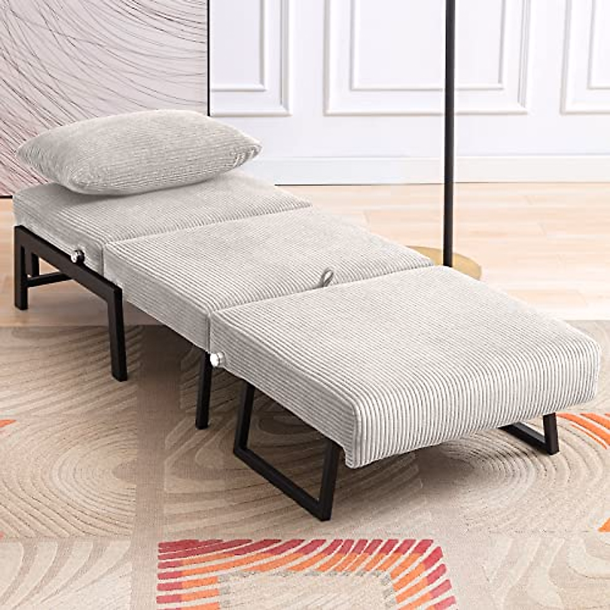 Mjkone Folding Futon Sofa Chair Bed, 2 in 1 Convertible Chair Bed Pull Out Sleeper Chair with Memory Foam Armless Sleeper Chair with Metal Leg Upholstered Chair for Living Room Bedroom Office, Beige