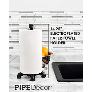 Pipe DÉCOR Black Electroplated Industrial Paper Towel Holder, Rustic Kitchen Farmhouse Decoration, Durable Metal Base and Stand Set