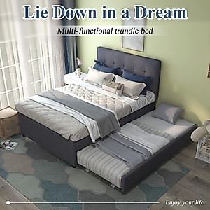 civama Full Bed with Trundle, Upholstered Full Over Twin Bed with Headboard & Wooden Slat Support, Pull Out Twin Platform Bed Underneath, No Box Spring Needed, Grey