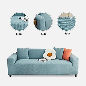 GUYIRT High Stretch Sofa Cover, Dustproof Furniture Protector for 1 2 3 4 Seater Sofa, Anti Slip Sofa Slipcovers with Elastic Strap-Blue-4 Seater(235-300cm)