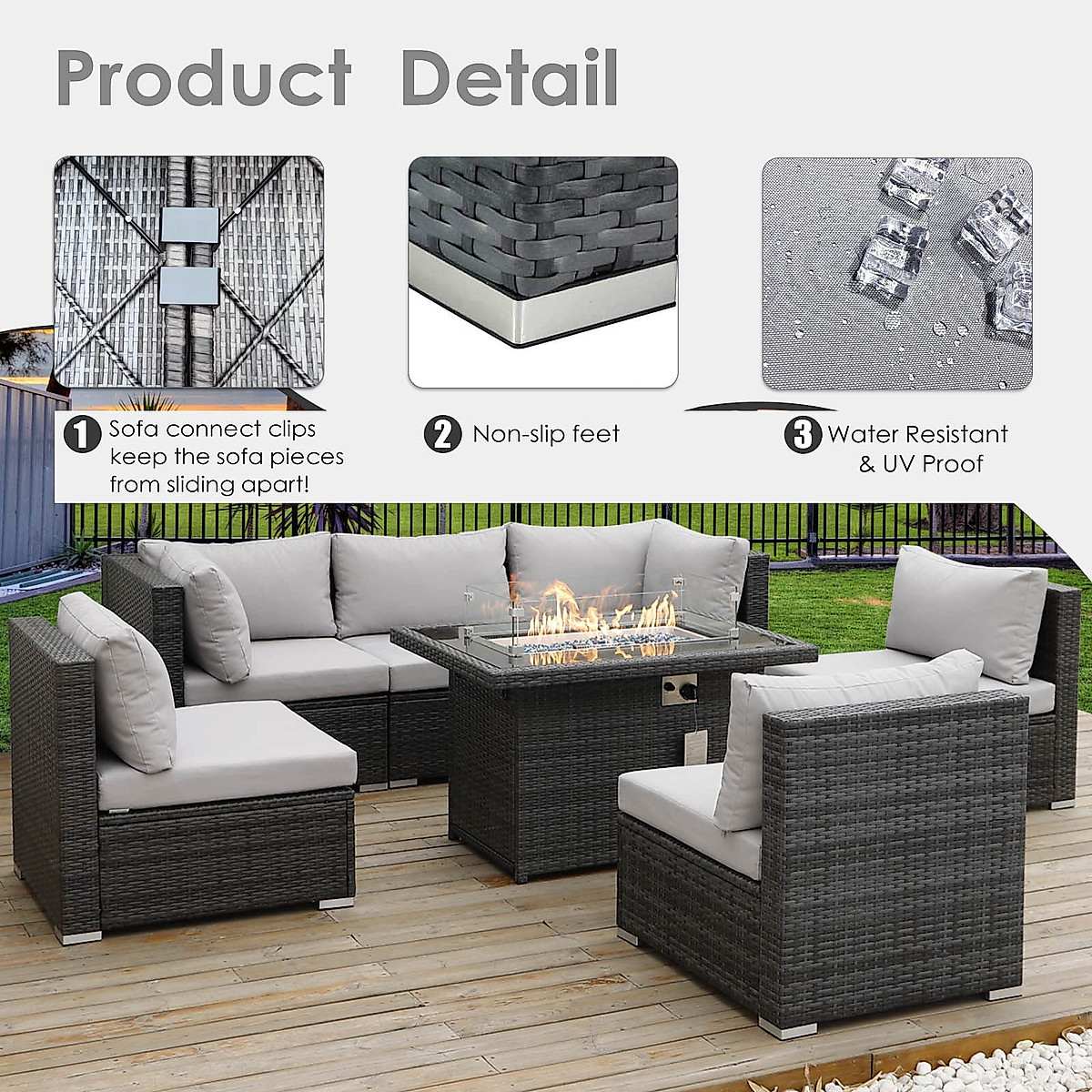 RADIATA PE Wicker Patio Furniture Set Sectional High Back Large Size Sofa Sets with Propane Fire Pit Table 55000 BTU Balcony Rattan Lounge Conversation Sets for Outdoor (7 Pieces,Light Gray)