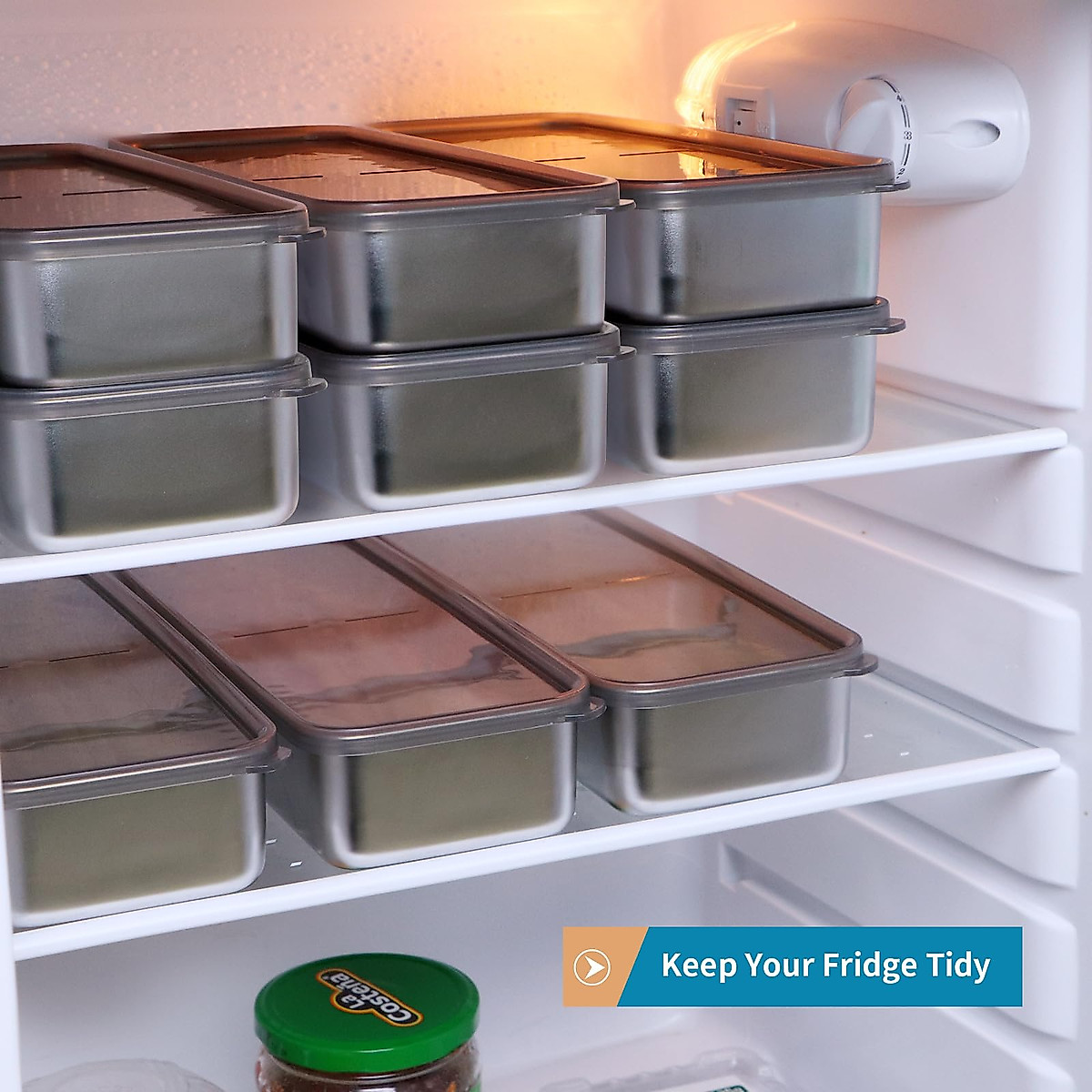 Sanbege 2 Pcs Bacon Containers with Airtight Lids, 304 Stainless Steel Deli Meat Keeper, Stackable Food Storage Boxes for Refrigerator, Saving Lunch Ham, Spaghetti, Asparagus, Celery