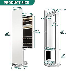 YITAHOME Jewelry Mirror Cabinet with Lights Full Length Mirror Jewelry Armoire LED Jewelry Organizer with 1 Coat Hanger, 4 Hooks, Standing Jewelry Armoires with Storage Shelves