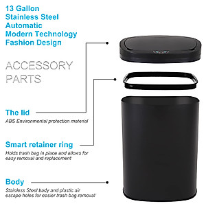 13 Gallon Touch Free Automatic Stainless Steel Trash Can Garbage Can Metal Trash Bin with Lid for Kitchen Living Room Office Bathroom, Electronic Motion Sensor Automatic Trash Can - Black