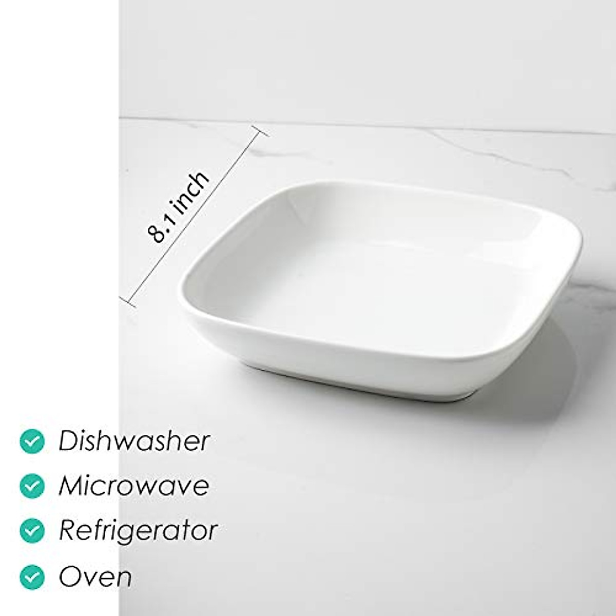 Selamica Porcelain 8-inch Square Dinner Plates, Pasta Salad Bowls, Set of 6, White