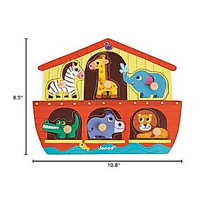 Janod 6 Piece Noah’s Ark Puzzle Themed Wooden Peg Colorful Jigsaw Puzzle - Encourages Shape Recognition, Dexterity, and Language Development - Preschool Kids and Toddlers 18 Months+