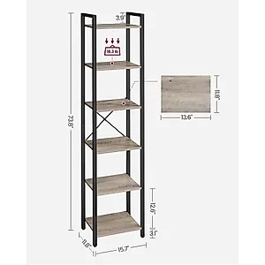 VASAGLE 6-Tier Tall Bookshelf, Narrow Bookcase with Steel Frame, Skinny Book Shelf for Living Room, Home Office, Study, 11.8 x 15.7 x 73.8 Inches, Industrial Style, Greige and Black ULLS101B02