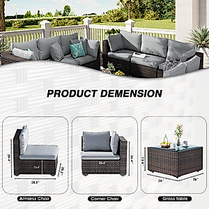 7 Piece Patio Furniture Set, Rattan Outdoor Patio Furniture Sets with Glass Coffee Table and Seat Cushions for Backyard (Grey, 7 Pieces Set)