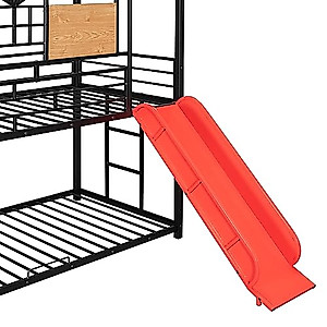 BOVZA House Bunk Bed with Slide and Stairs, Twin Over Twin Metal Bunk Beds Frame with Roof and Storage Staircase for Kids Boys Girls Teens, Black+Red