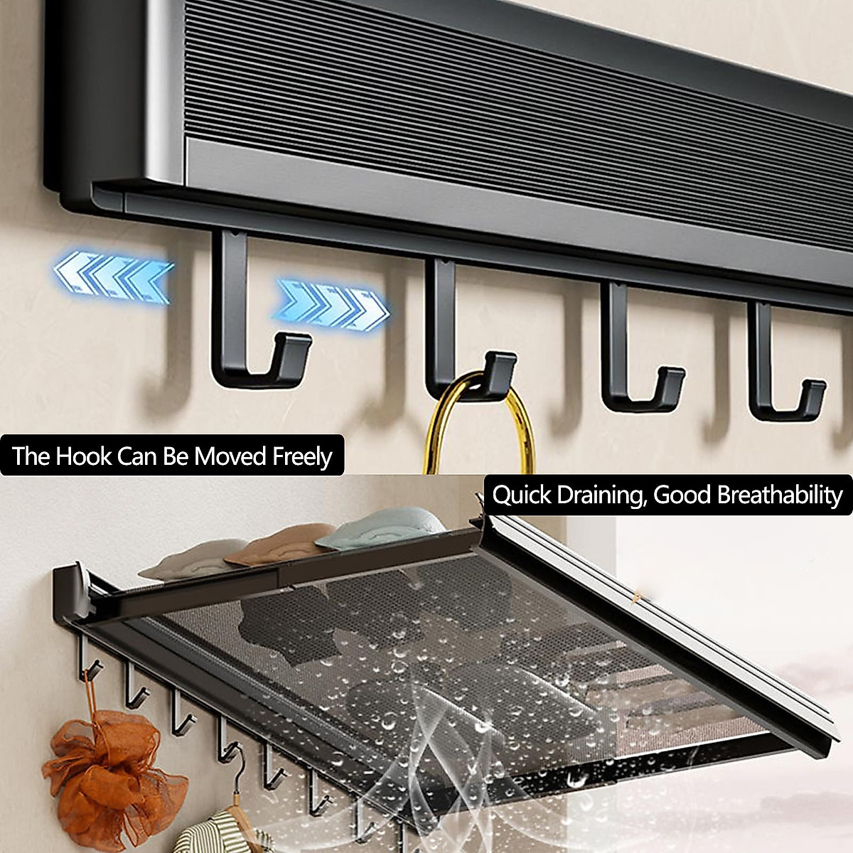 QUZIREVA Retractable Towel Racks for Bathroom Wall Mounted with Hooks Clothes Drying Rack Bathroom Shelf for Collapsible Towel Rack Foldable Towel Holder for Kitchen, Balcony Laundry Room