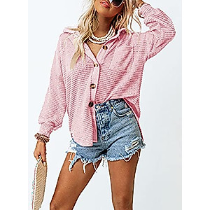 Dokotoo Women's Long Sleeve V Neck Waffle Knit Shacket - Comfy Winter Button Down Jacket - Pink XXL