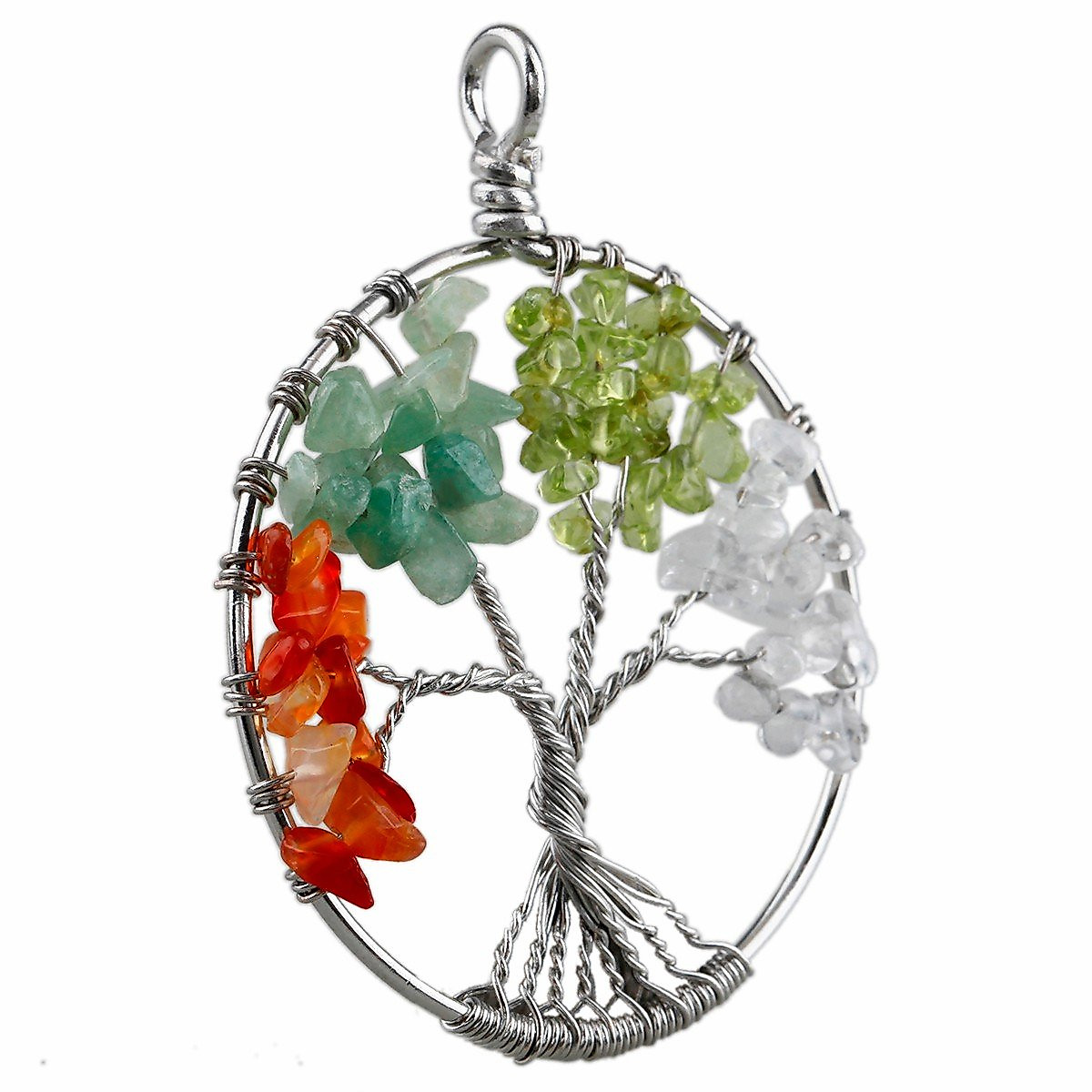 TUMBEELLUWA Tree Pendant Necklace Handmade Gemstone Chakra Alloy Jewelry for Women, Four Color Mixed Stone