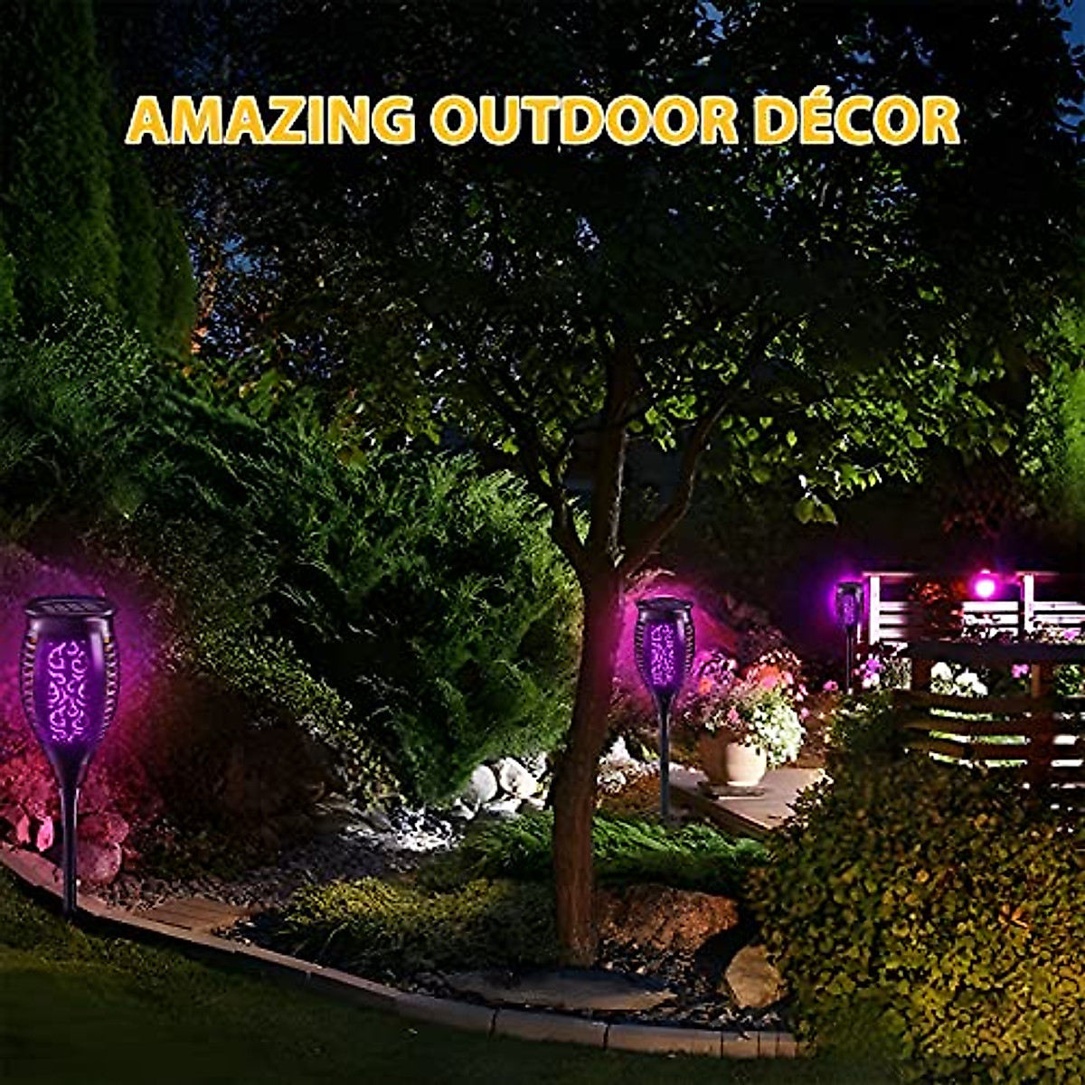 Solar Tiki Torch Lights with Flickering Flames for Garden, Torch Stake Light Outdoor Decorative, Waterproof Landscape Flame Lights with Auto On/Off for Garden Party Pathway (8 Pack Purple, 12 LEDs)