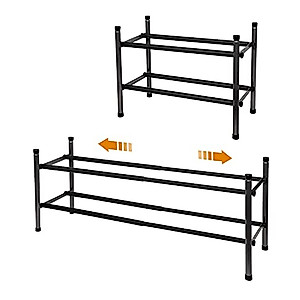 MULISOFT 2-Tier Expandable Shoe Rack, Stackable and Adjustable Shoe Shelf Storage Organizer Heavy Duty Metal Free Standing Shoe Rack for Closet Entryway Bedroom Garage (Black),1 Pack