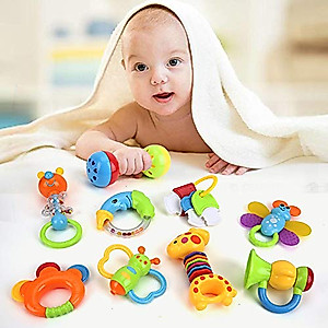 Aomola 9 PCS Baby Rattles Toys Set, Infant Teether and Shaker Rattles Toy, Baby Newborn Gift Set for Hand Development Early Educational Toys for 0+, 3, 6, 9, 12 Month Newborn Toddler