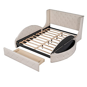 Yehha Queen Size Velvet Upholstered Platform Bed with 2 Side Storage Stool and 1 Storage Drawer, Victorian Style Velvet Headboard, Noise-Free and No Box Spring Needed, Beige